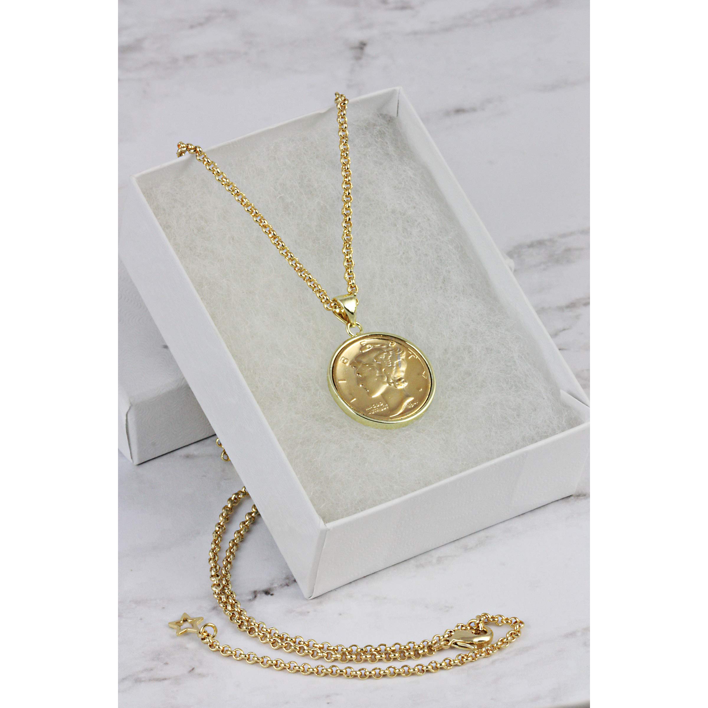 American Coin Treasures Gold-Layered Silver Mercury Dime Goldtone Coin Pendant with 18" Chain Necklace - Genuine and Elegant Keepsake Jewelry for Women | White Luxury Gift Box Included