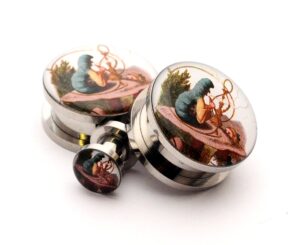 mystic metals body jewelry screw on plugs - alice in wonderland style 4 picture plugs - 0g - 8mm - sold as a pair