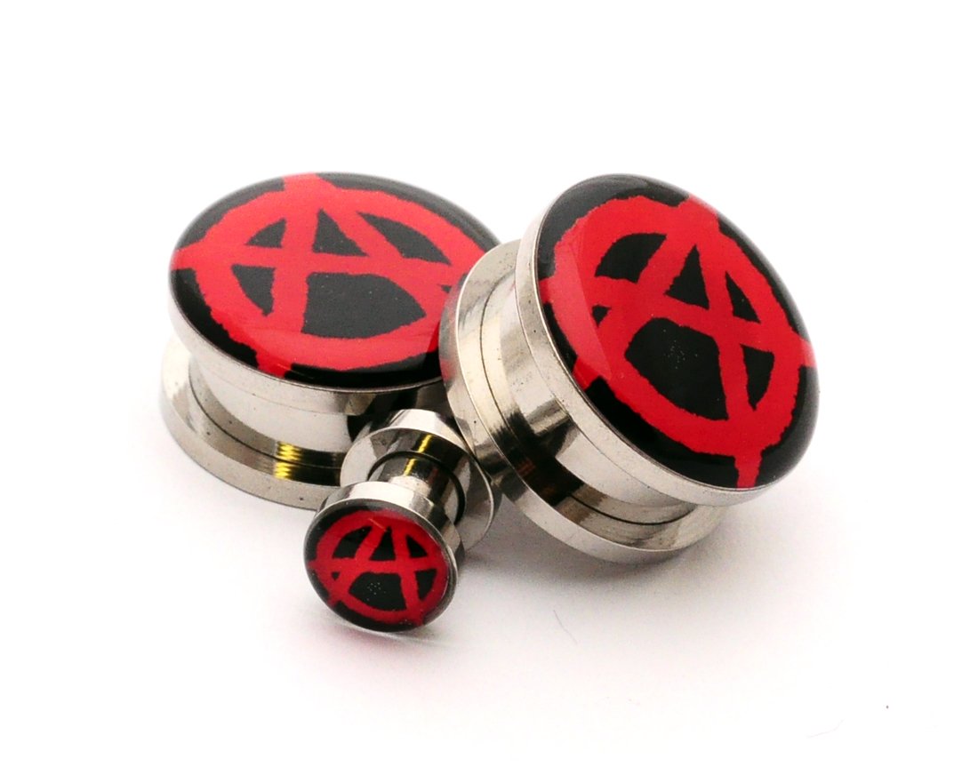 Mystic Metals Body Jewelry Screw on Plugs - Anarchy Picture Plugs - 00g - 10mm - Sold As a Pair