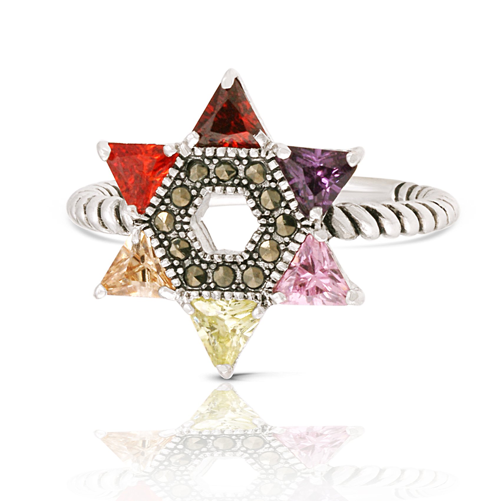 JanKuo Jewelry Rhodium Plated Multicolor Cubic Zirconia Jewish Star of David Twisted Rope Ring (7)