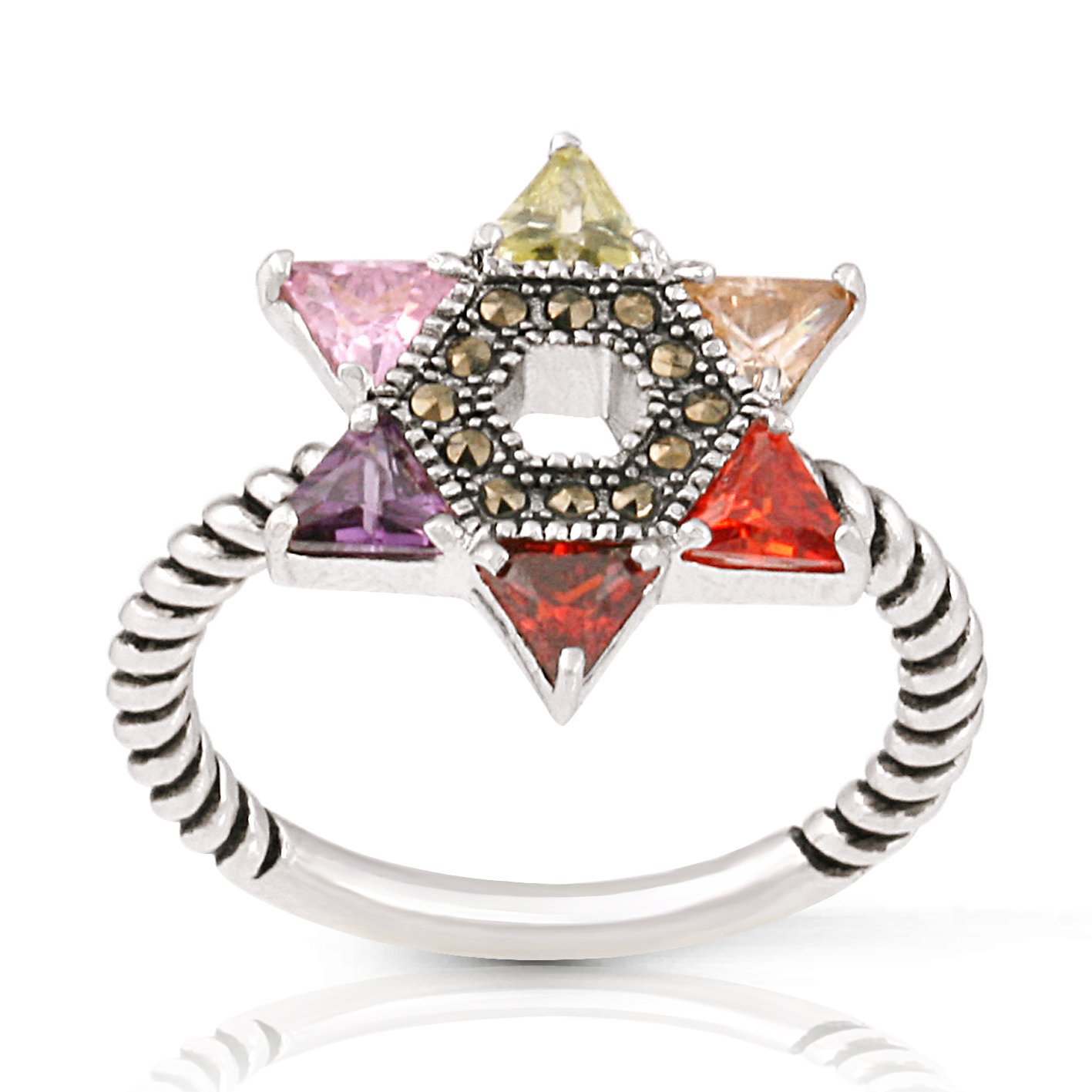 JanKuo Jewelry Rhodium Plated Multicolor Cubic Zirconia Jewish Star of David Twisted Rope Ring (7)