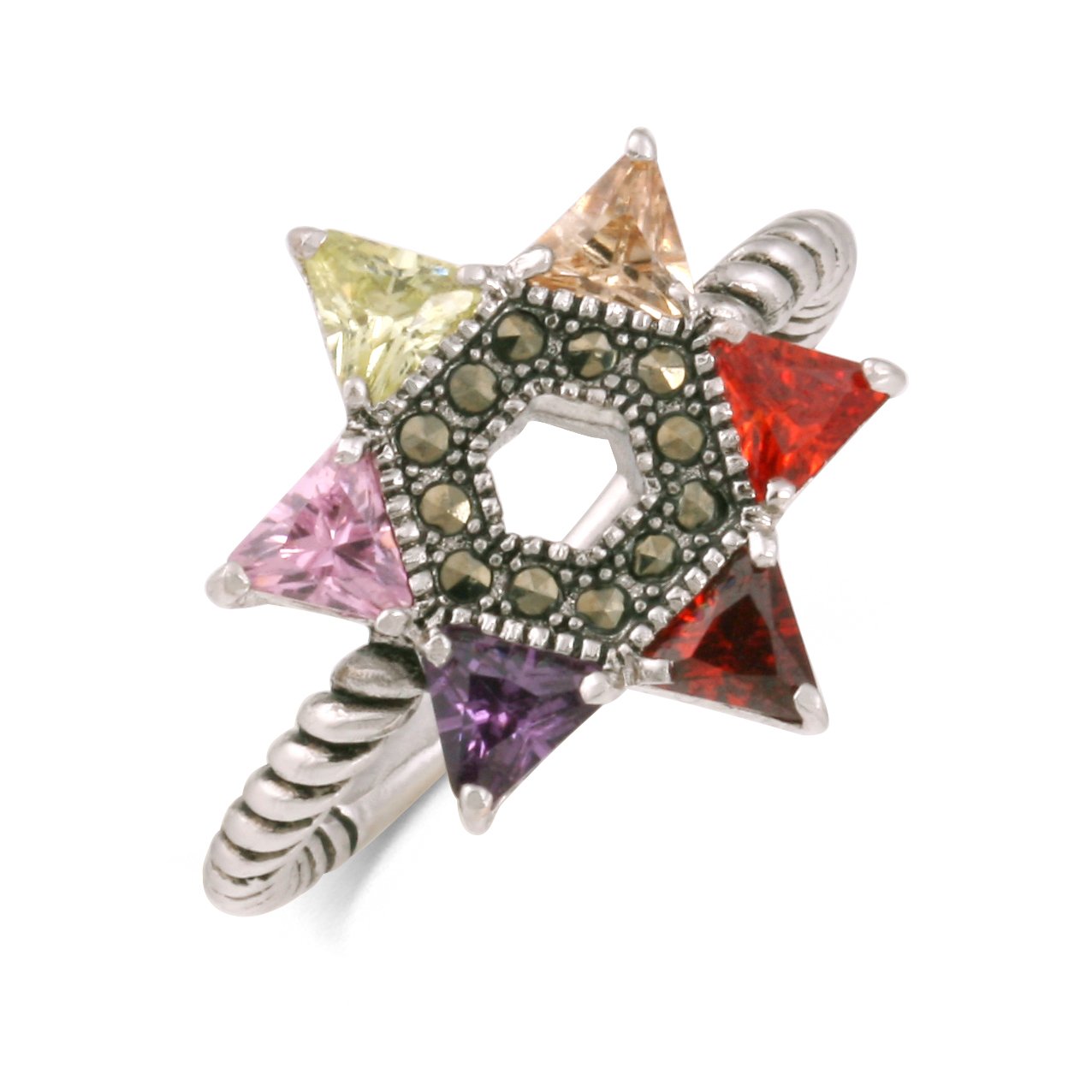 JanKuo Jewelry Rhodium Plated Multicolor Cubic Zirconia Jewish Star of David Twisted Rope Ring (10)