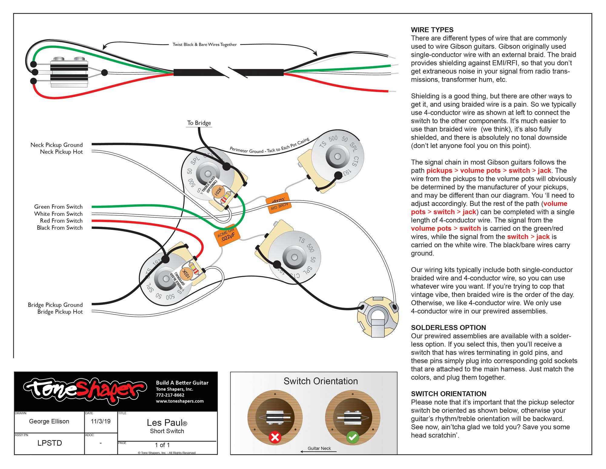 ToneShaper Guitar Wiring Kit, for Les Paul Standard