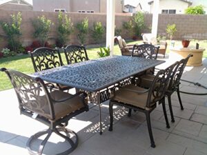 theworldofpatio mandalay cast aluminum powder coated 7pc outdoor patio dining set with 44"x84" rectangle table - antique bronze