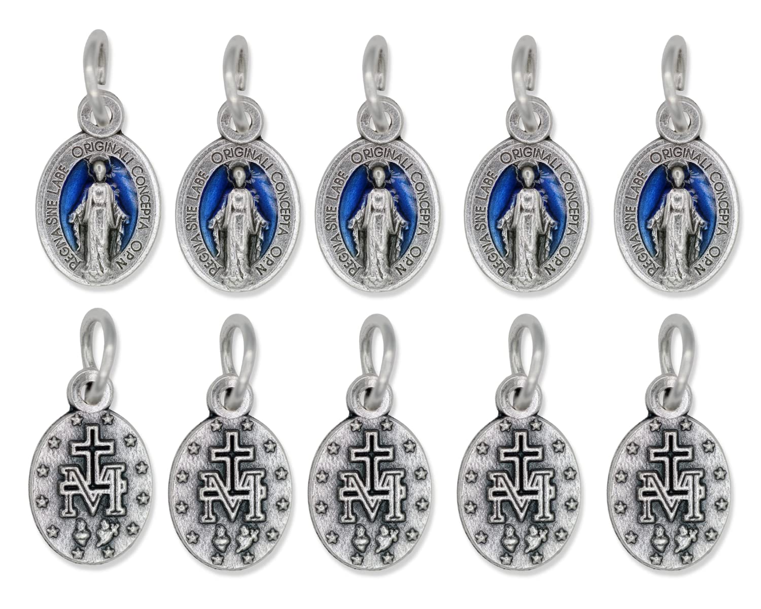 Caritas et Fides Pack of 10 - Mini Miraculous Medal Pendant for Charm Bracelet or Necklace, 1/2" Silver and Blue, Small - Made in Italy