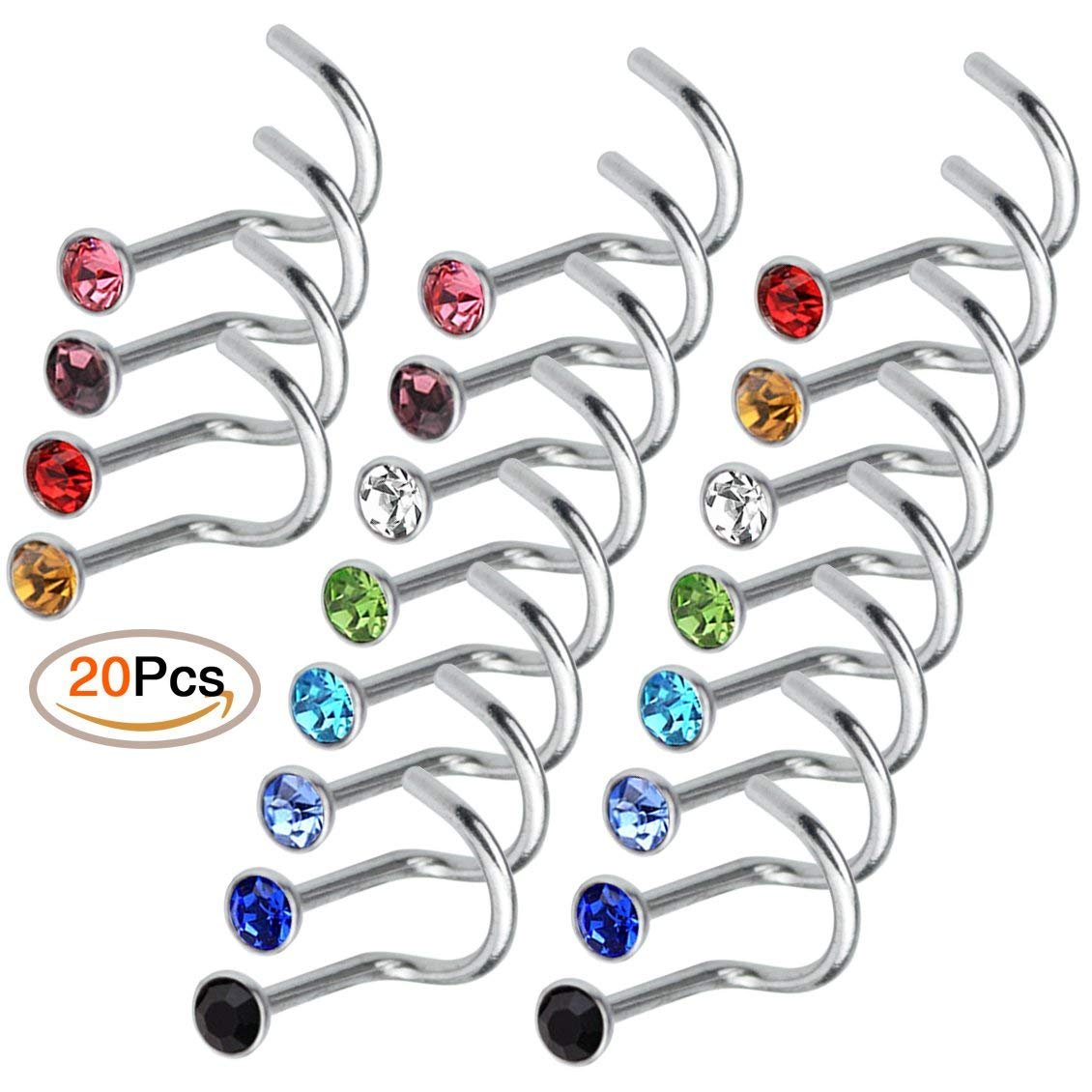 Rbenxia 20G 316L Nose Studs Rings 2.2MM Rhinestone Stainless Steel Nose Body Piercing Rings 20 Pcs Random Color for Unisex