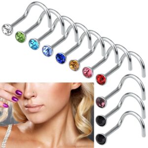 Rbenxia 20G 316L Nose Studs Rings 2.2MM Rhinestone Stainless Steel Nose Body Piercing Rings 20 Pcs Random Color for Unisex