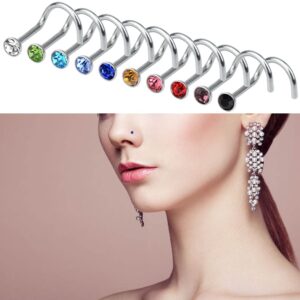 Rbenxia 20G 316L Nose Studs Rings 2.2MM Rhinestone Stainless Steel Nose Body Piercing Rings 20 Pcs Random Color for Unisex