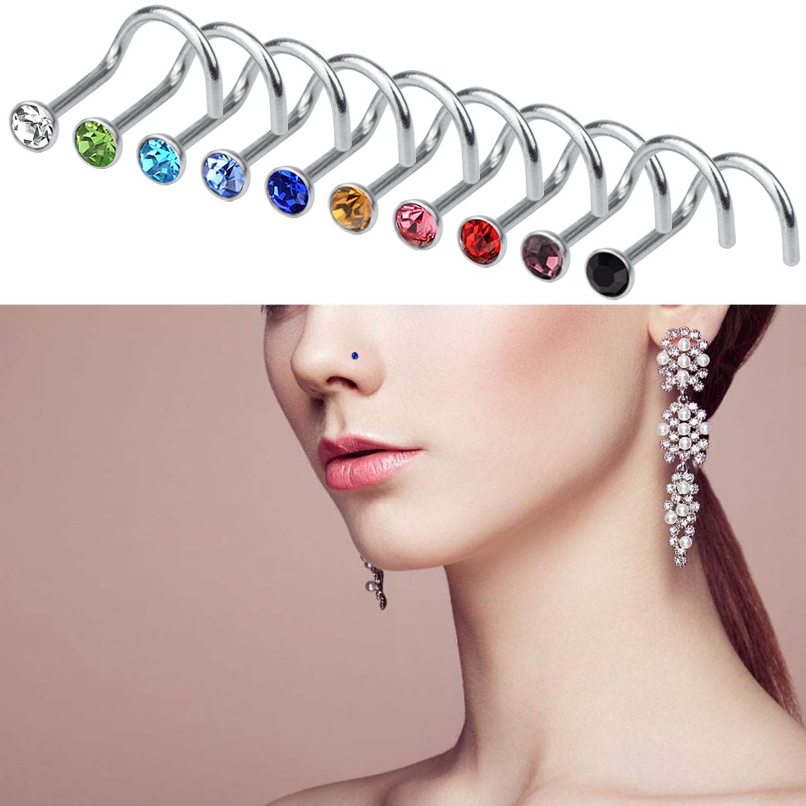 Rbenxia 20G 316L Nose Studs Rings 2.2MM Rhinestone Stainless Steel Nose Body Piercing Rings 20 Pcs Random Color for Unisex