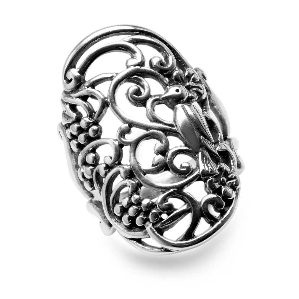 Silvershake 31mm 925 Sterling Silver Bird in A Tree Filigree Ring Size 8