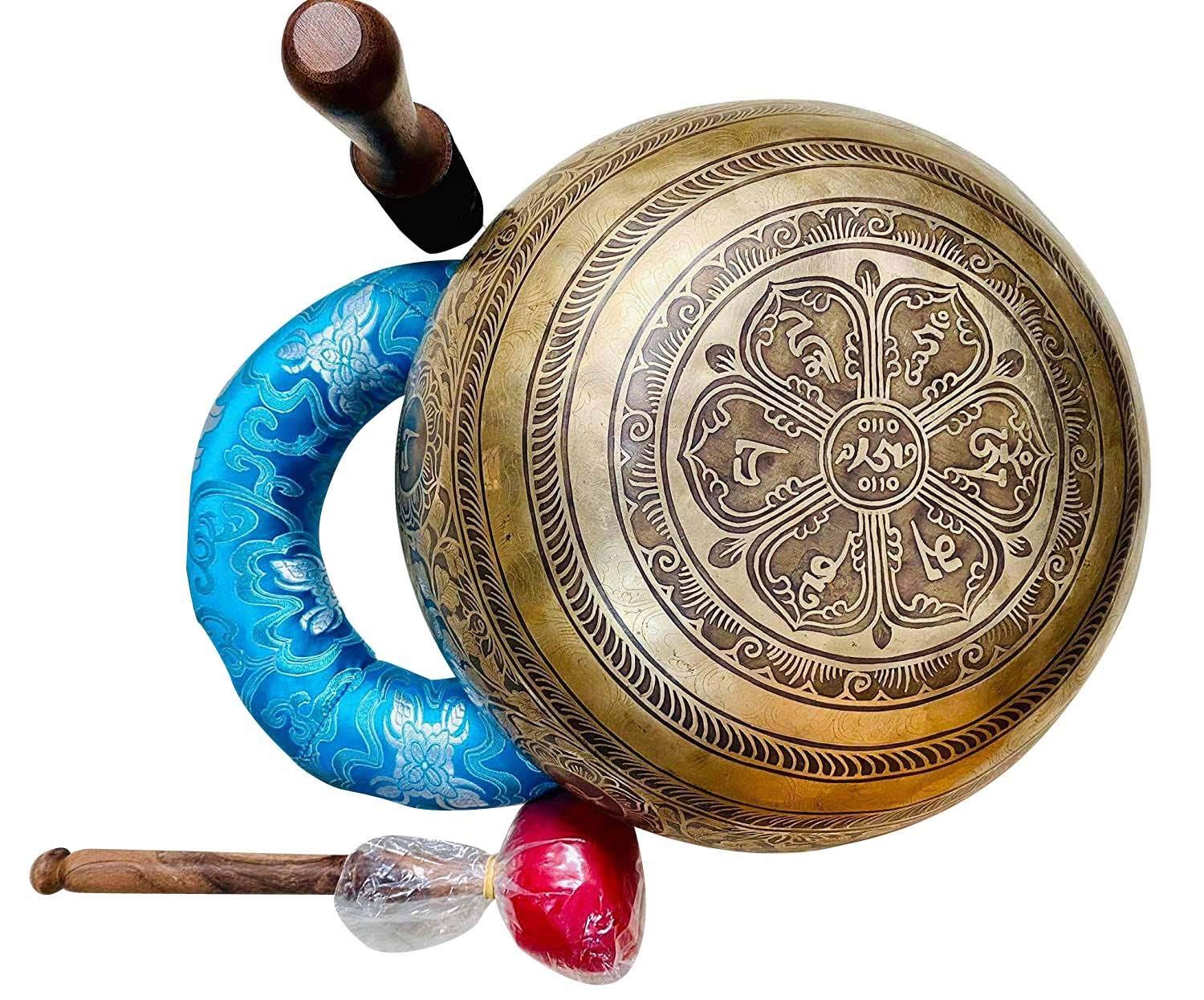 Singing Bowl Nepal -12 Inches Master Healing"Buddha Shakti Carved Tibetan Singing Bowl,Meditation Bowl, Tibetan Bowls, Free Singing Bowl Silk Cushion, Striker and Drum Stick