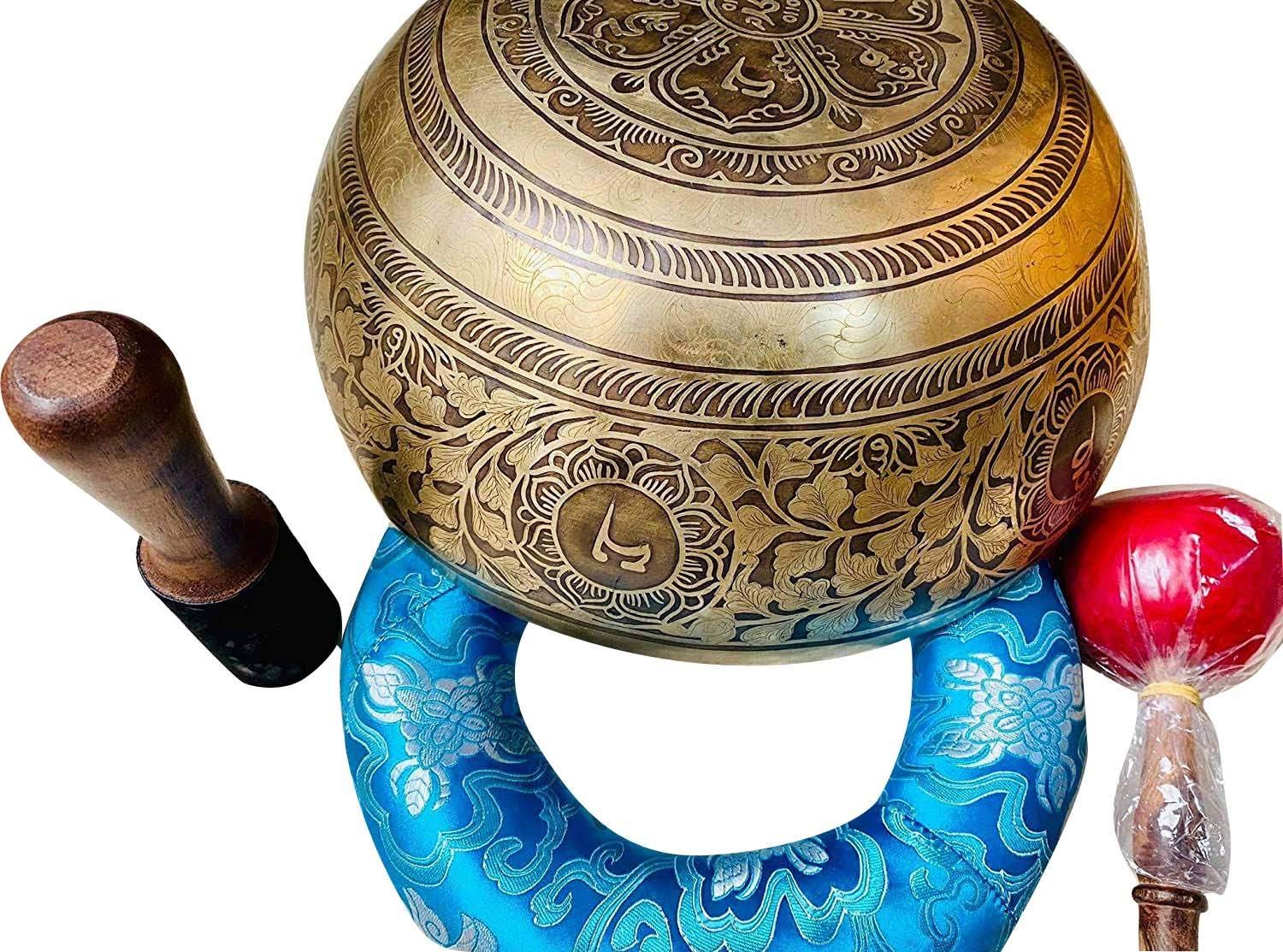 Singing Bowl Nepal -12 Inches Master Healing"Buddha Shakti Carved Tibetan Singing Bowl,Meditation Bowl, Tibetan Bowls, Free Singing Bowl Silk Cushion, Striker and Drum Stick