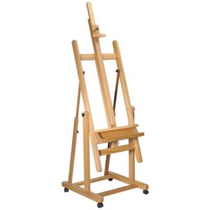 mont marte tilting studio wooden floor easel. height adjustable extra large h-frame featuring a large tilt range. castor wheels allow easy movement and can be locked into place.