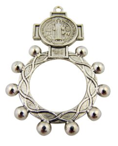 silver tone saint benedict medal one decade rosary ring, one size