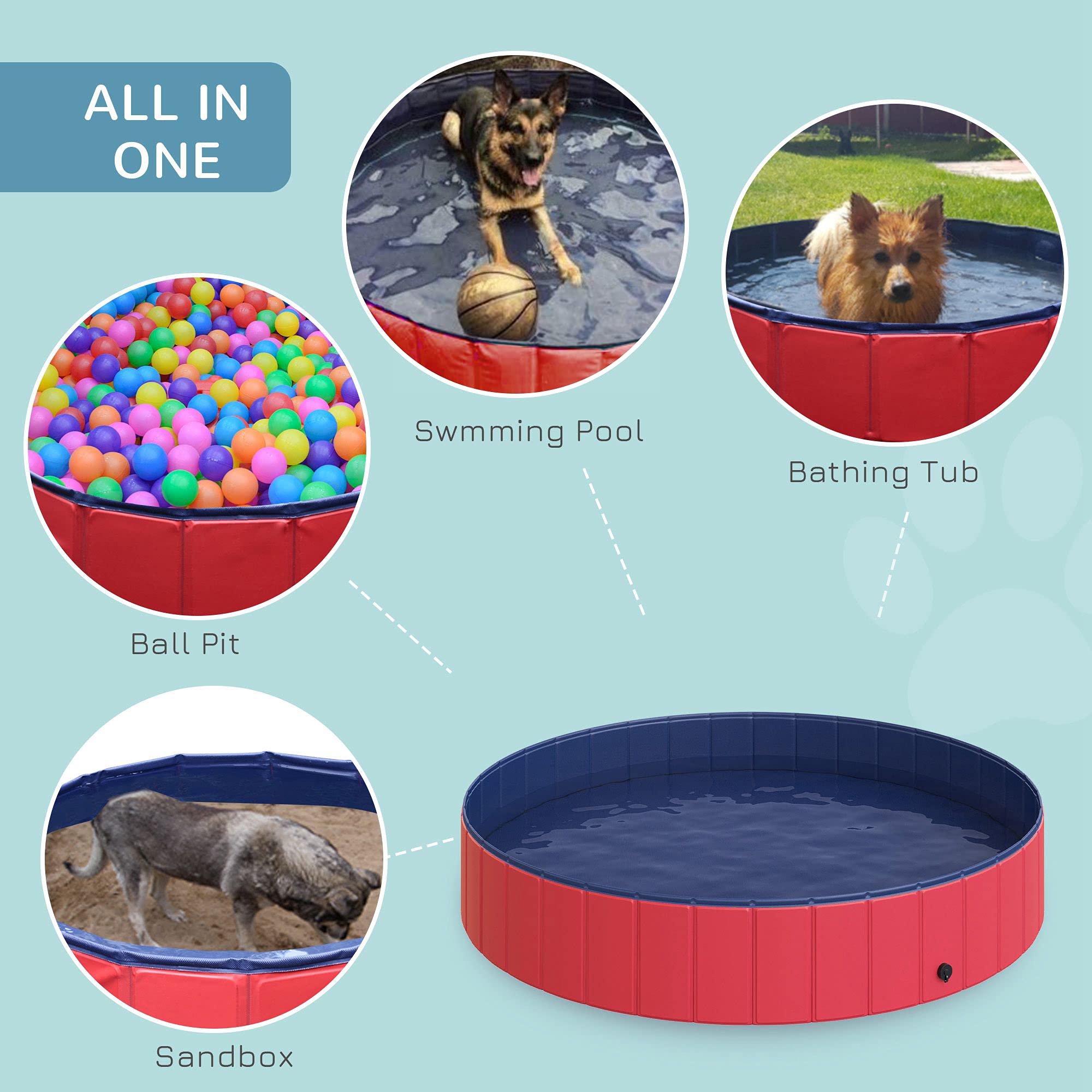 PawHut Foldable Pet Swimming Pool, Portable Dog Bathing Tub, 12" x 63" Plastic Large Dog Pool for Outdoor Dogs and Cats, Red