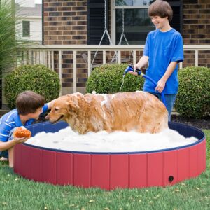 PawHut Foldable Pet Swimming Pool, Portable Dog Bathing Tub, 12" x 63" Plastic Large Dog Pool for Outdoor Dogs and Cats, Red