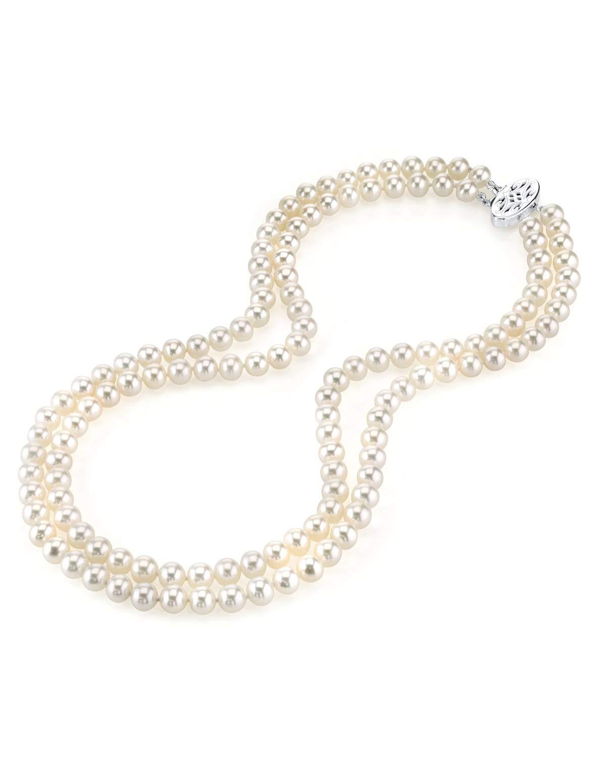 The Pearl Source 6.5-7.0mm AAA Quality Double Strand White Freshwater Cultured Pearl Necklace for Women in 17-18" Princess Length