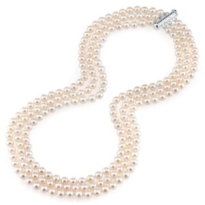 The Pearl Source 6.0-6.5mm AAAA Quality Triple Strand White Freshwater Cultured Pearl Necklace for Women in 18-19-20" Matinee Length