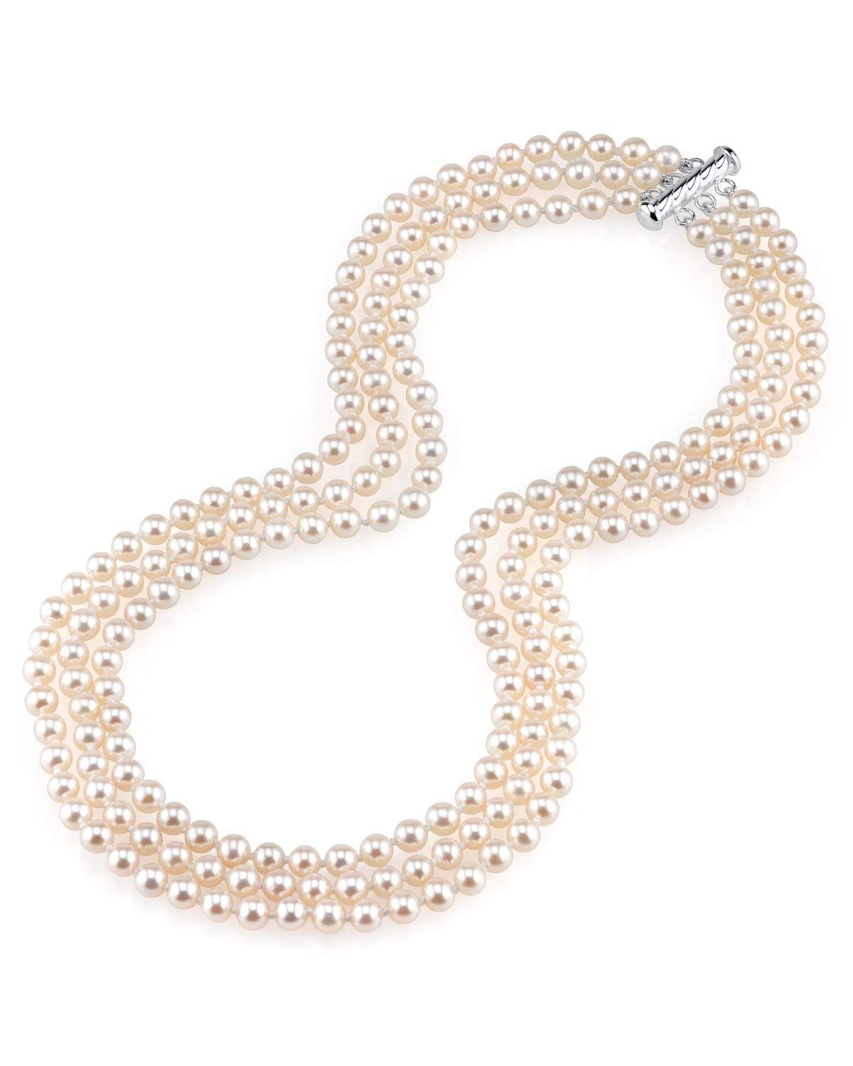 The Pearl Source 6.0-6.5mm AAAA Quality Triple Strand White Freshwater Cultured Pearl Necklace for Women in 18-19-20" Matinee Length