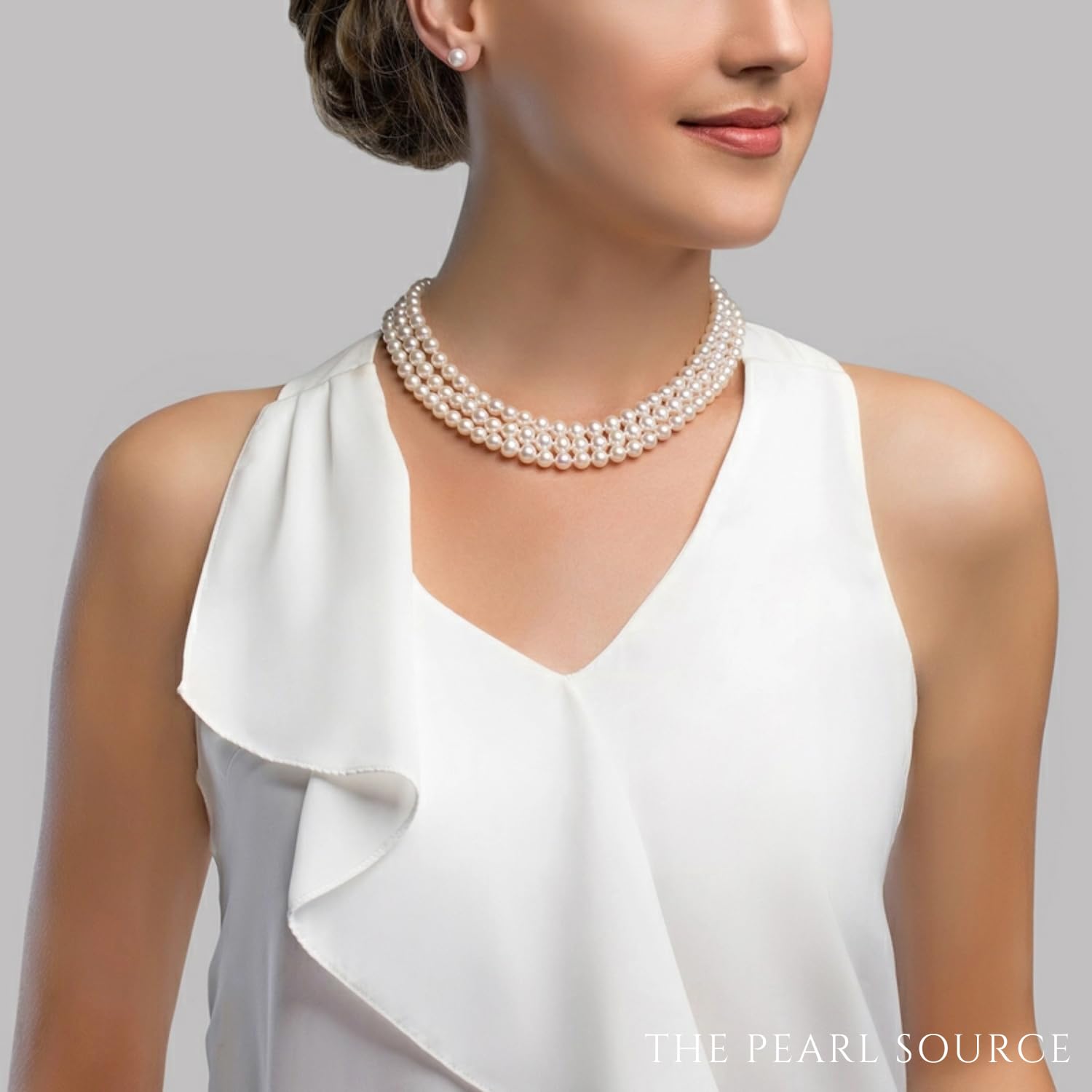 The Pearl Source 6.0-6.5mm AAAA Quality Triple Strand White Freshwater Cultured Pearl Necklace for Women in 18-19-20" Matinee Length