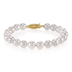 The Pearl Source 18K Gold 6.5-7mm Round White Japanese Akoya Saltwater Cultured Pearl Bracelet for Women