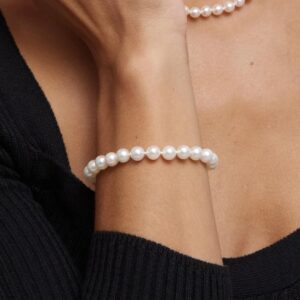 The Pearl Source 18K Gold 6.5-7mm Round White Japanese Akoya Saltwater Cultured Pearl Bracelet for Women