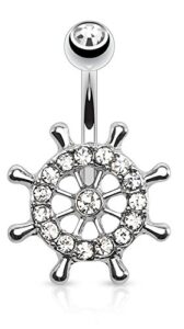 pierced owl 14ga stainless steel cz crystal paved nautical ship yacht wheel belly button ring (clear)