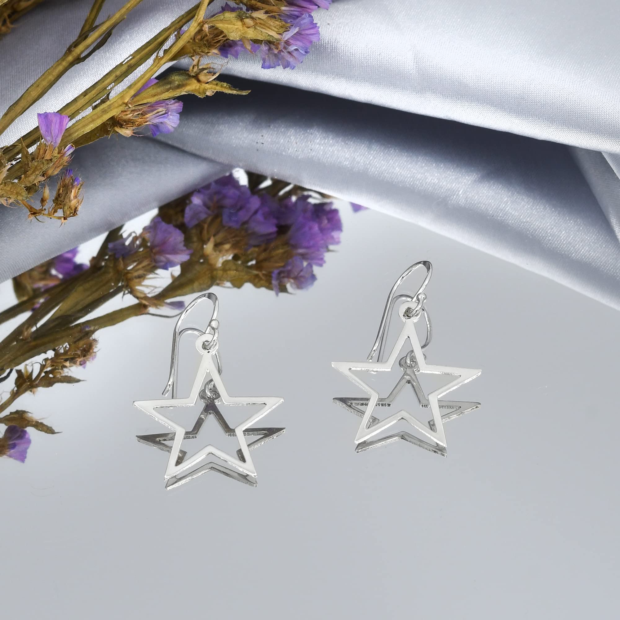 AeraVida Symmetric Everyday Shining Star Minimalist Sterling Silver Dangle Celestial Earrings, 0.87x1.38 inch