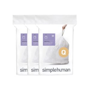 simplehuman code q 60 count, genuine custom fit liners, drawstring trash bags in dispenser packs, 50-65 liter / 13.2-17.2 gallon, white