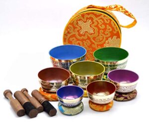 chakra healing tibetan singing bowl set~ seven chakra color with symbols ~sizes from 2.5" to 5” for meditation,sound healing, sound therapy & mindfulness ~ mallets, cushions & carrying case included