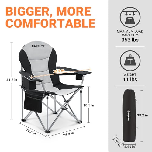 KingCamp Oversized Camping Folding Chair with Lumbar Support, Heavy Duty Ergonomic Padded Arm Chair with Cooler Bag, Cup Holder, Portable for Outdoor