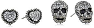 betsey johnson cz pave heart & skull duo set of stud earrings