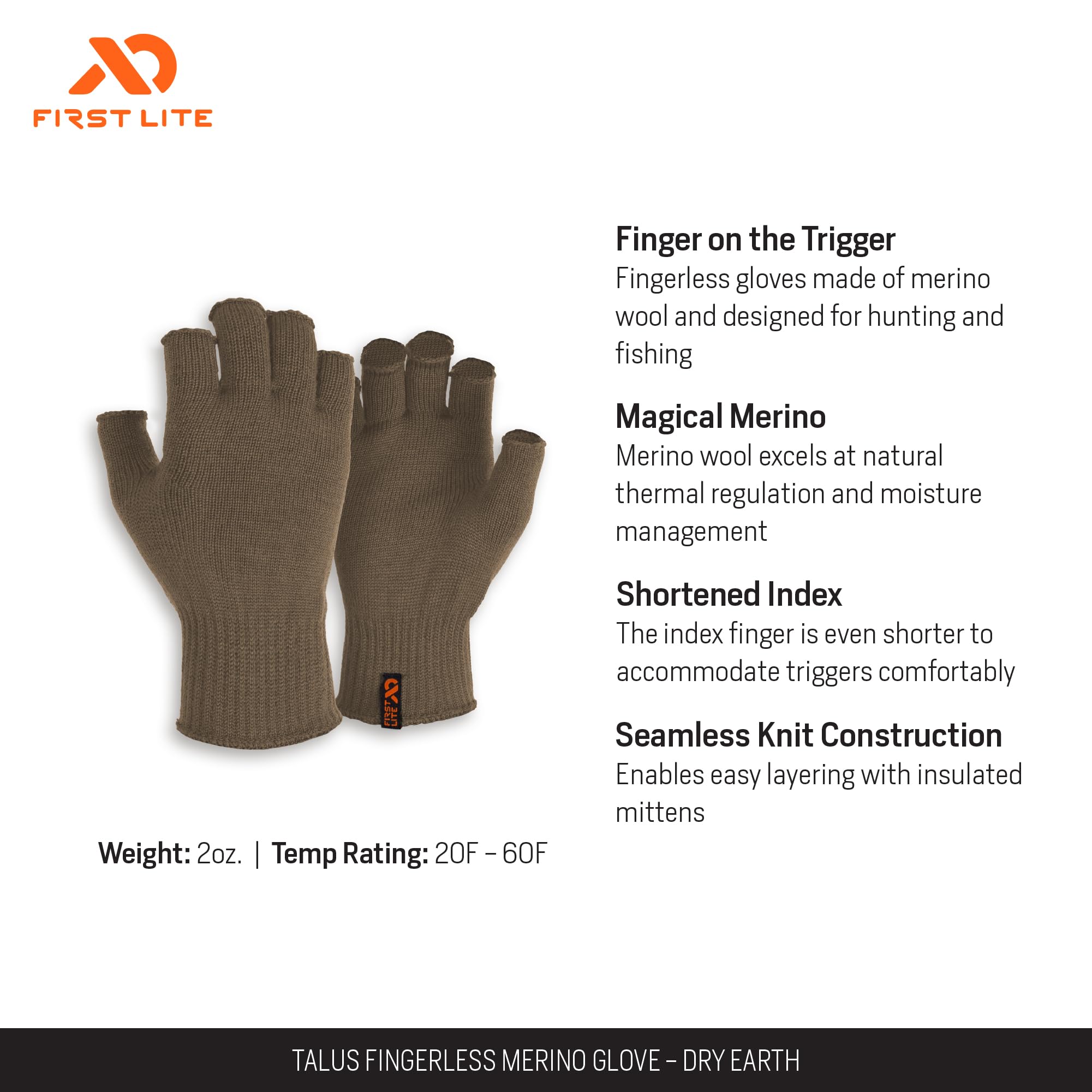 First Lite Talus Fingerless Merino Wool Glove - Lightweight Hunting Gloves - Dry Earth - Large