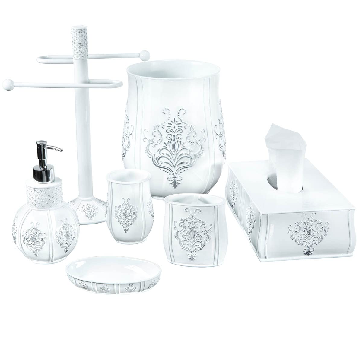 Creative Scents Bathroom Accessories Set - 4 Piece Vintage White Bathroom Set - Farmhouse French Country Bathroom Accessory Set Features: Soap Dispenser, Toothbrush Holder, Tumbler & Soap Dish