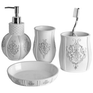 creative scents bathroom accessories set - 4 piece vintage white bathroom set - farmhouse french country bathroom accessory set features: soap dispenser, toothbrush holder, tumbler & soap dish