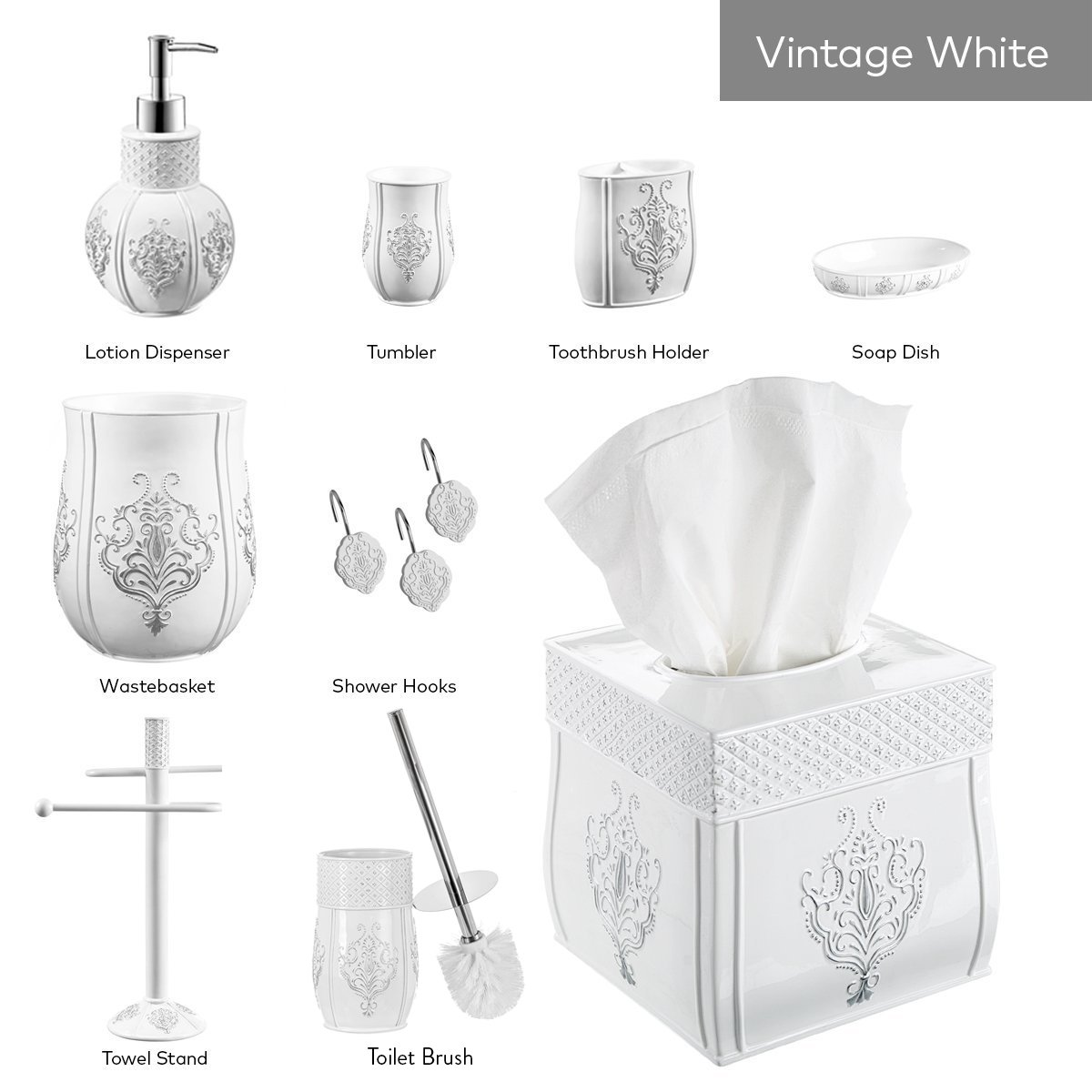 Creative Scents Bathroom Accessories Set - 4 Piece Vintage White Bathroom Set - Farmhouse French Country Bathroom Accessory Set Features: Soap Dispenser, Toothbrush Holder, Tumbler & Soap Dish