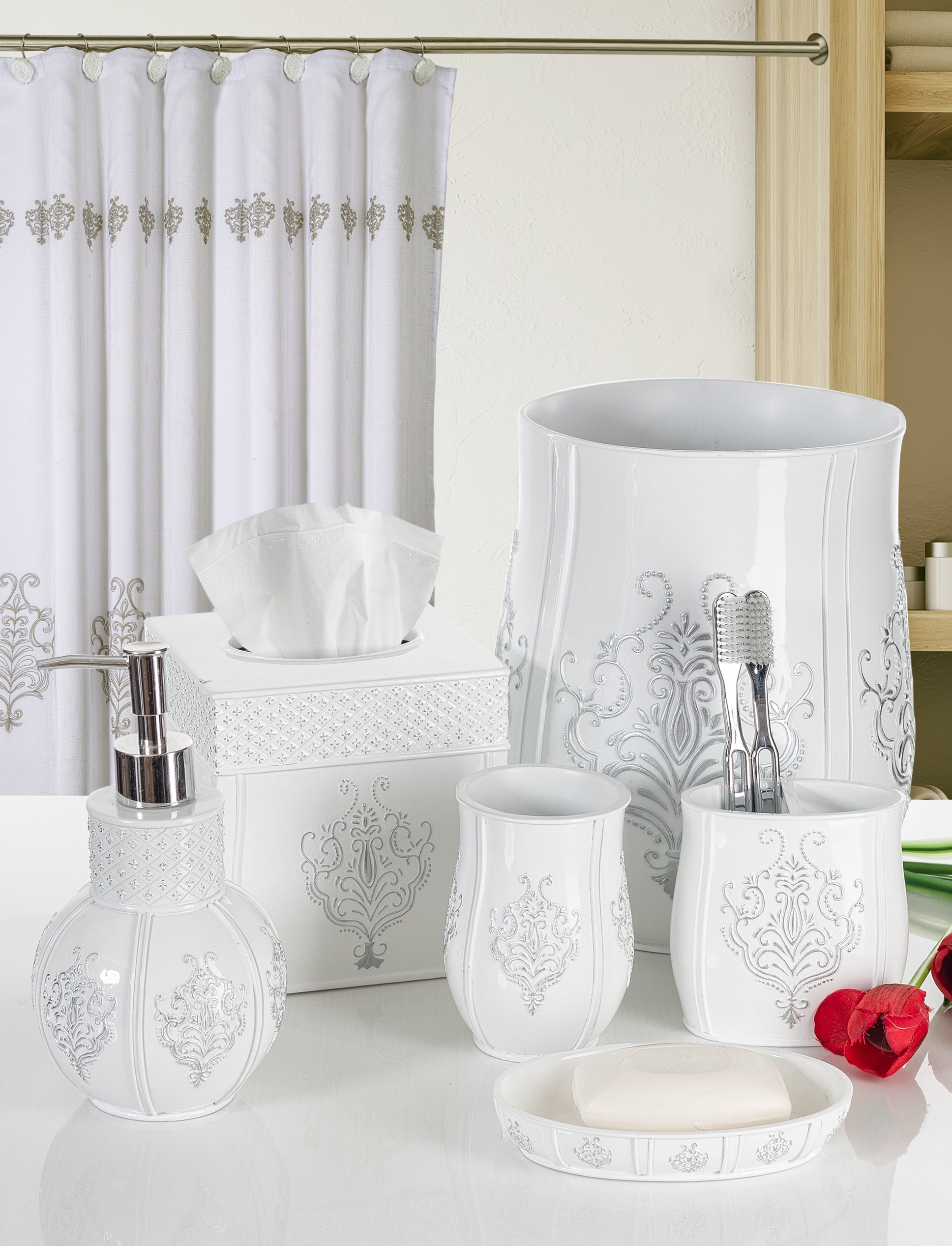 Creative Scents Bathroom Accessories Set - 4 Piece Vintage White Bathroom Set - Farmhouse French Country Bathroom Accessory Set Features: Soap Dispenser, Toothbrush Holder, Tumbler & Soap Dish