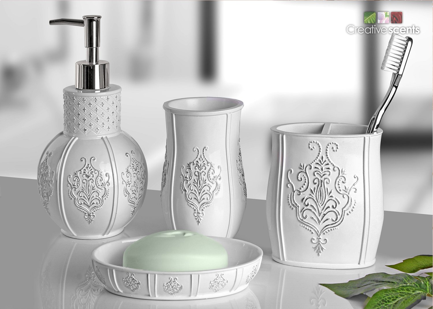 Creative Scents Bathroom Accessories Set - 4 Piece Vintage White Bathroom Set - Farmhouse French Country Bathroom Accessory Set Features: Soap Dispenser, Toothbrush Holder, Tumbler & Soap Dish