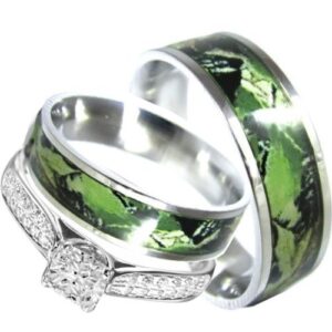 his and hers camo 3pc matching stainless steel sterling silver engagement wedding rings set (size men 8; women 5)