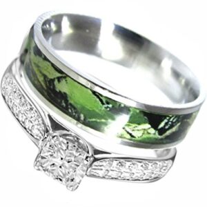 His and Hers Camo 3pc Matching Stainless Steel Sterling Silver Engagement Wedding Rings Set (Size Men 8; Women 5)