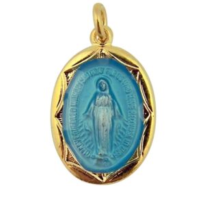 McVan Inc 18K Gold Plate Over Sterling Silver Blue Enameled Miraculous Medal Pendant, 3/4 Inch