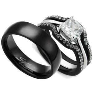 marimor jewelry his and hers 4 piece black stainless steel wedding engagement ring and classic band set women's size 06 men's 06mm size 13