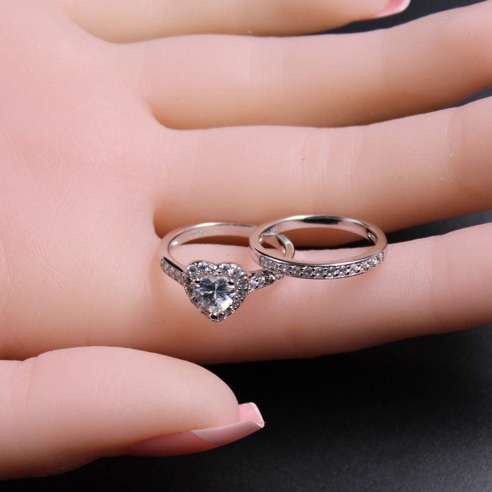 MABELLA His Hers 3 Pcs Stainless Steel Matching Band Women Heart Cut Sterling Silver Wedding Engagement Ring Set Women's Size 7 Men's Size 9