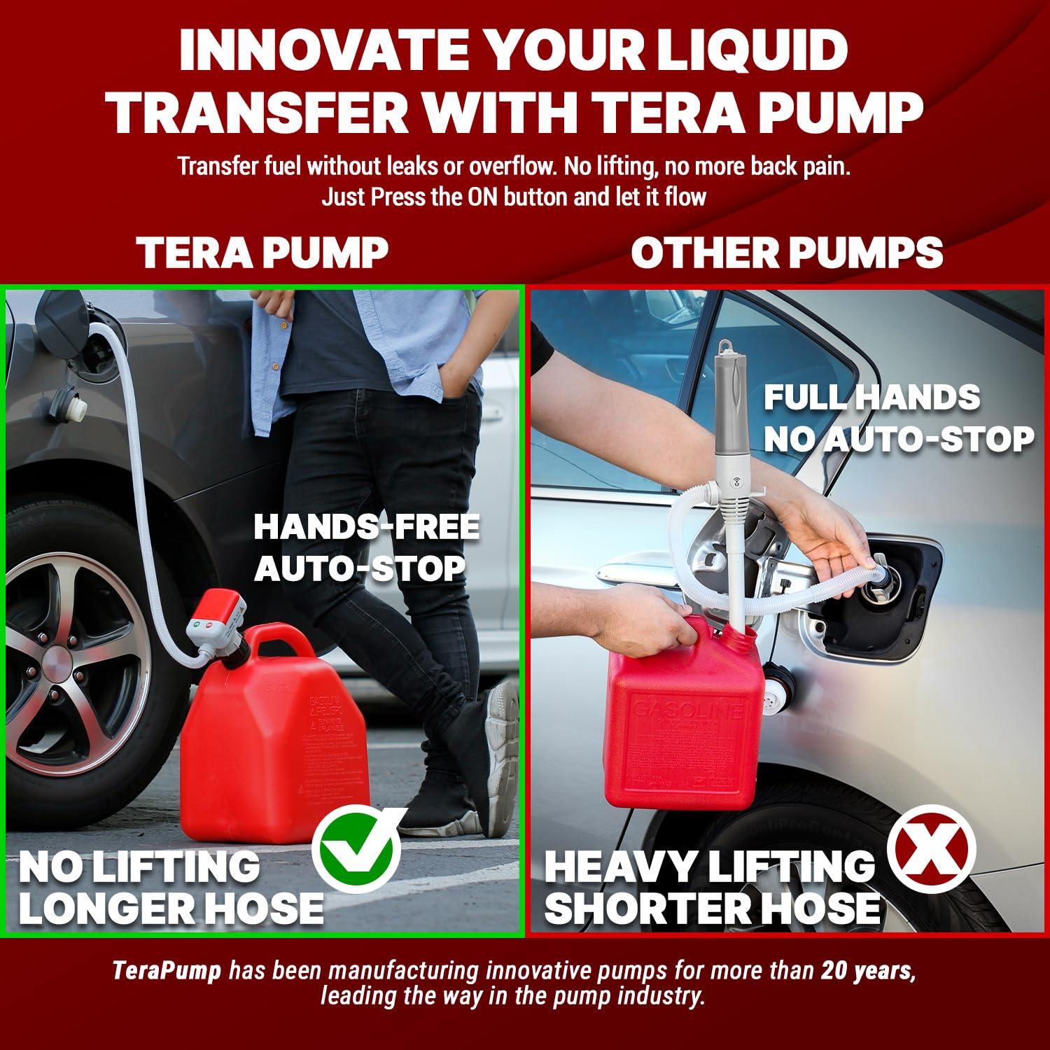 TERA PUMP 4th Gen TRFA01 Fuel Transfer Pump with Auto-Stop for Overfill Protection (2.9 GPM) Includes 3x Gas Can Adapters, Long Hose, Liquid Transfer Pump for E15, E85, Gas, Diesel & More