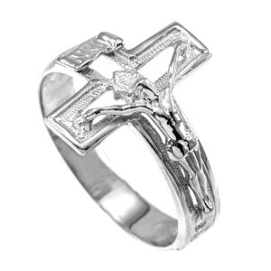 religious jewelry solid 10k white gold open design cross band crucifix ring (size 8)