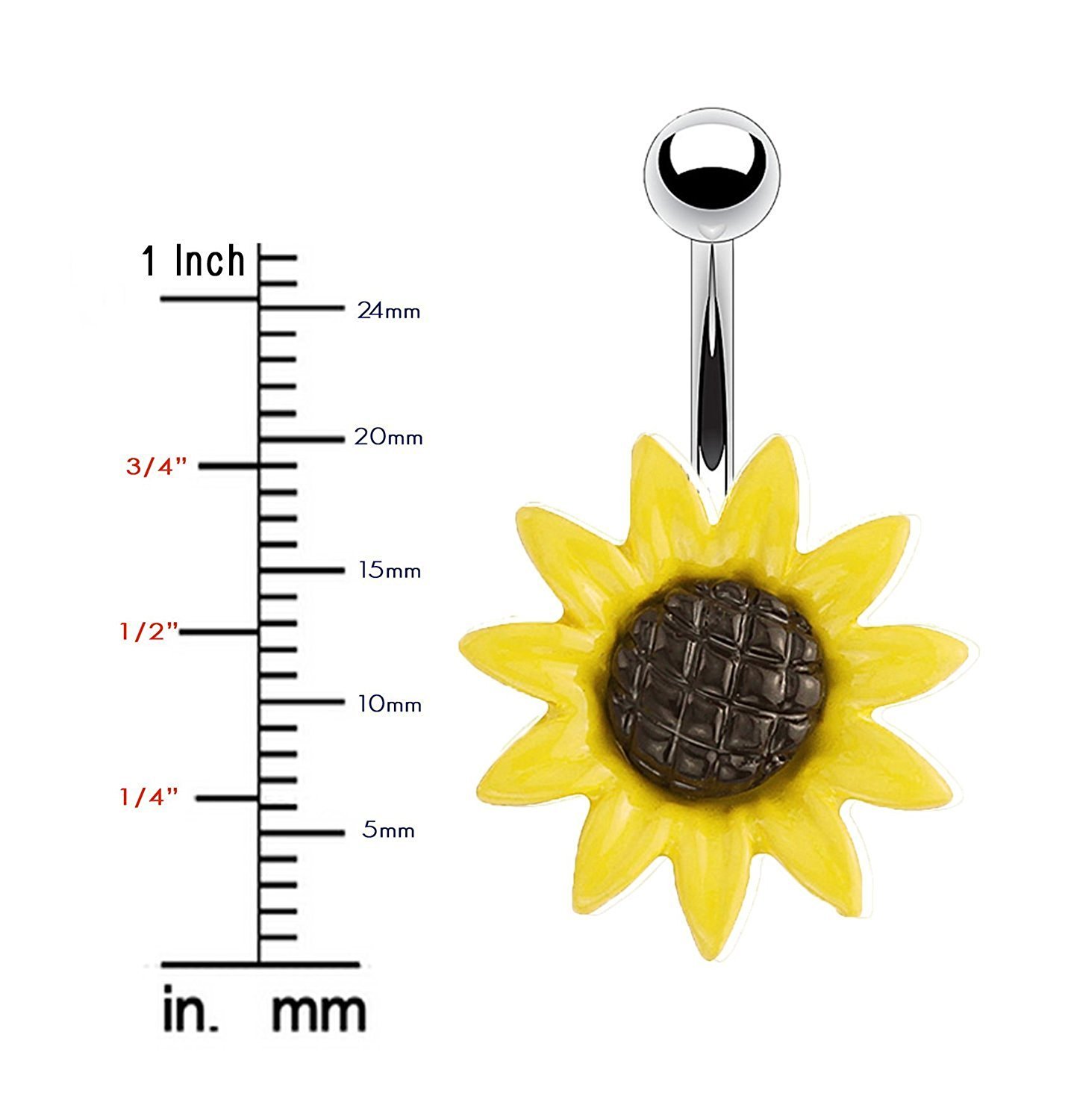 CrazyPiercing Stunning Sunflower Belly Button Ring 14 Gauge (Yellow)