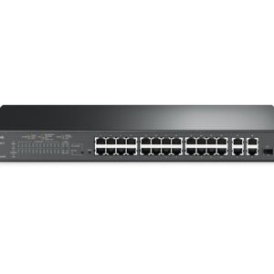 TP-Link 24 Port Fast Ethernet PoE Switch | 24 PoE+ Ports @192W, w/ 4 Uplink Gigabit Ports + 2 Combo SFP Slots | Smart Managed | Limited Lifetime Protection | Support L2/L3/L4 QoS and IGMP(T1500-28Pct)