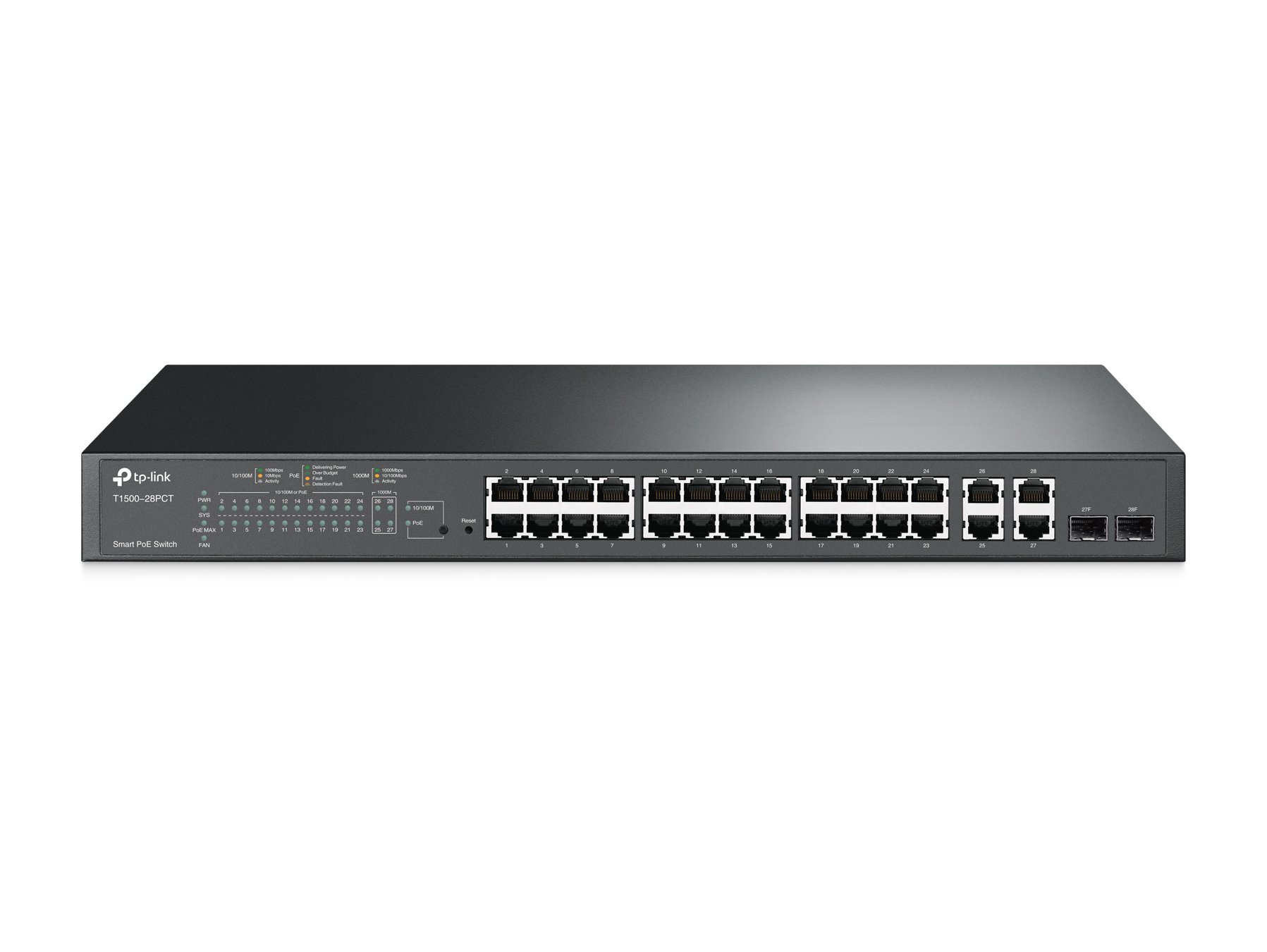 TP-Link 24 Port Fast Ethernet PoE Switch | 24 PoE+ Ports @192W, w/ 4 Uplink Gigabit Ports + 2 Combo SFP Slots | Smart Managed | Limited Lifetime Protection | Support L2/L3/L4 QoS and IGMP(T1500-28Pct)