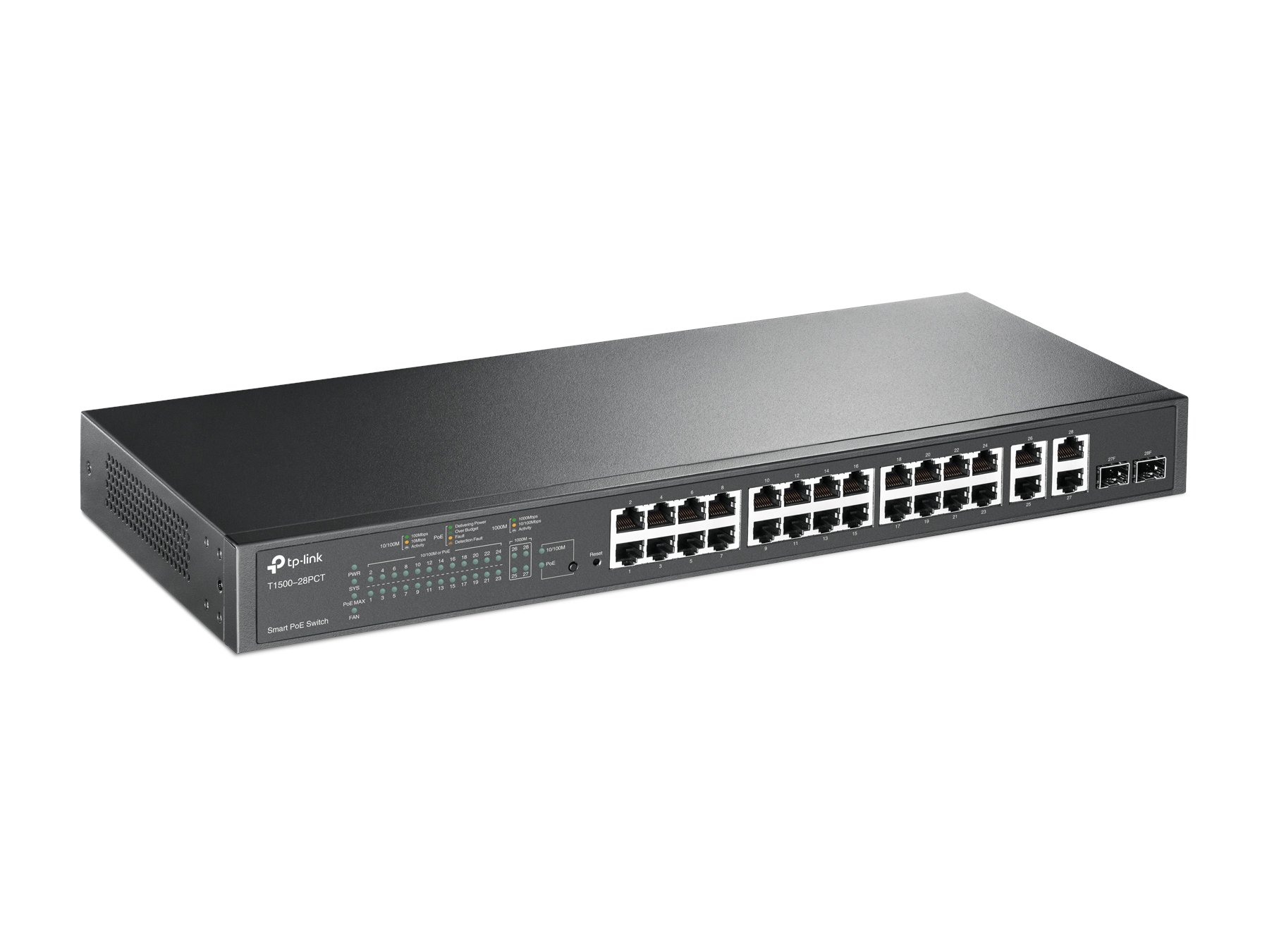 TP-Link 24 Port Fast Ethernet PoE Switch | 24 PoE+ Ports @192W, w/ 4 Uplink Gigabit Ports + 2 Combo SFP Slots | Smart Managed | Limited Lifetime Protection | Support L2/L3/L4 QoS and IGMP(T1500-28Pct)