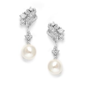 mariell pearl drop wedding bridal earrings, cubic zirconia and pearl drop earrings for brides, bridesmaid